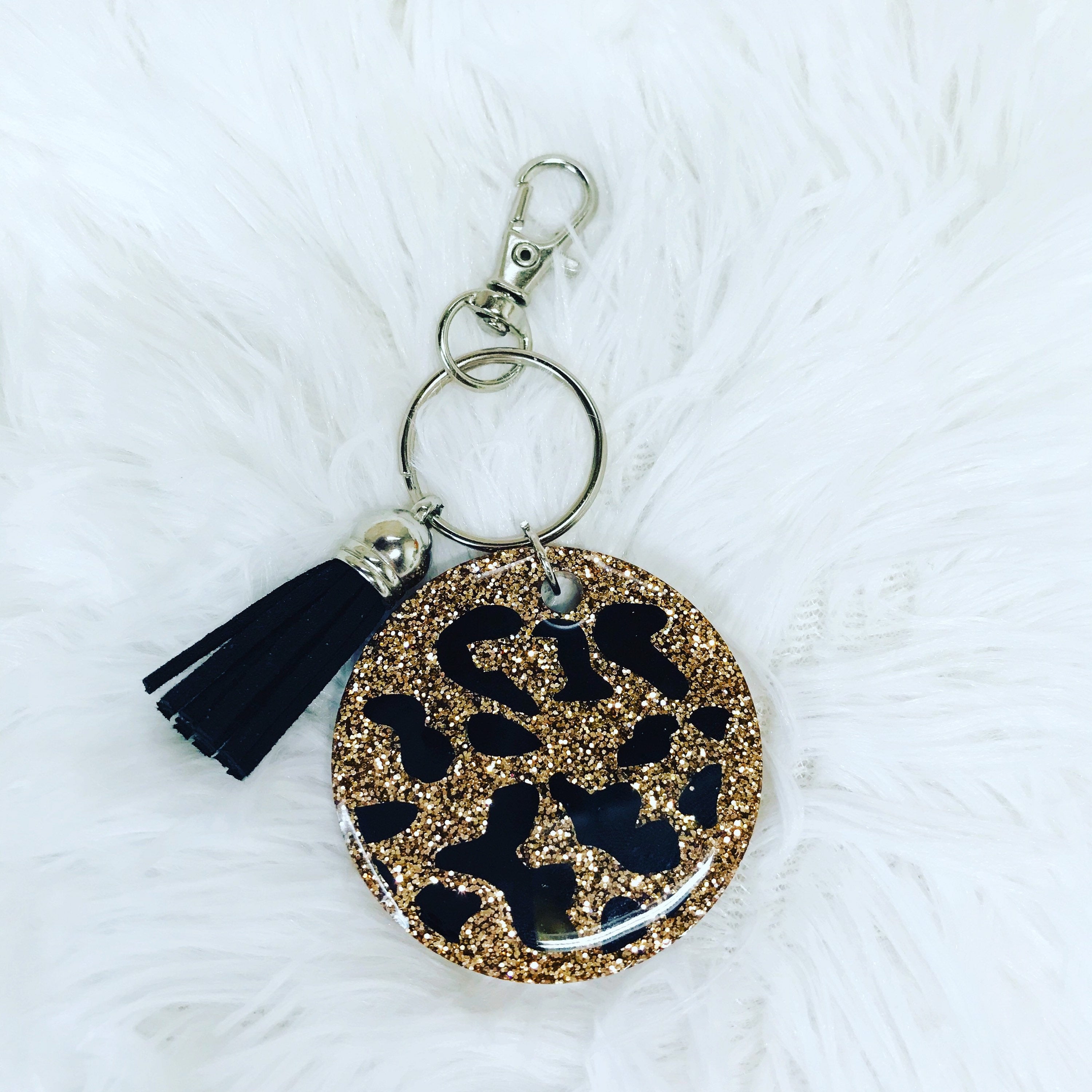Cheetah Keychain with Tassel, Gold Glitter Cheetah Keychain, Cheetah R ...