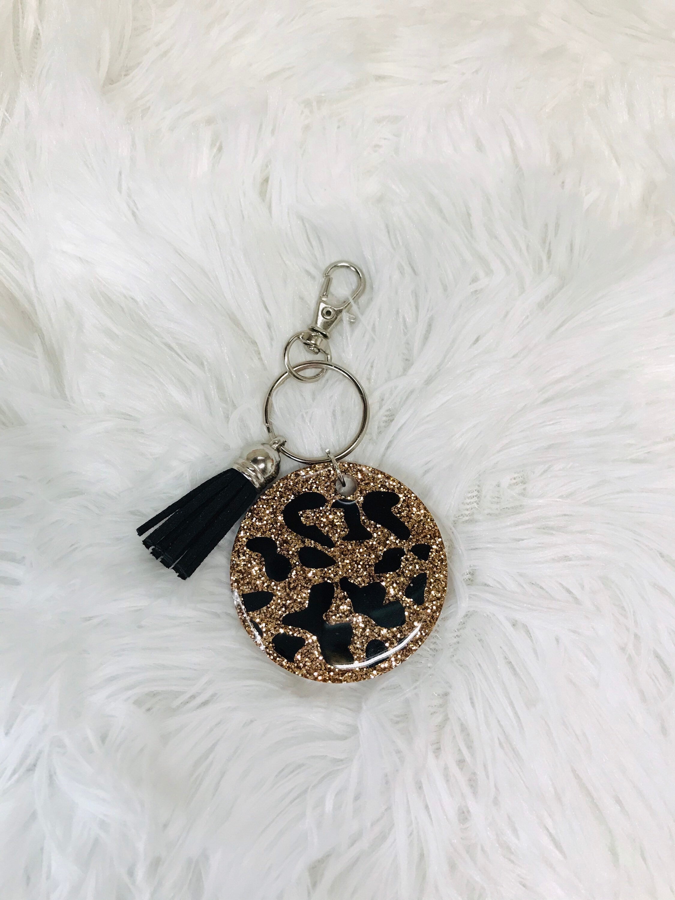 Cheetah Keychain with Tassel, Gold Glitter Cheetah Keychain, Cheetah R ...